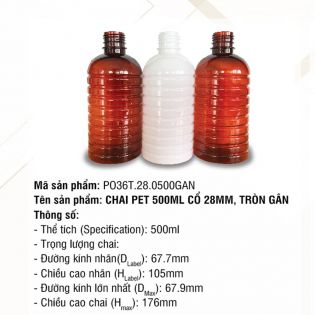 Chai Pet 500ml Cổ 28mm Tròn Gân